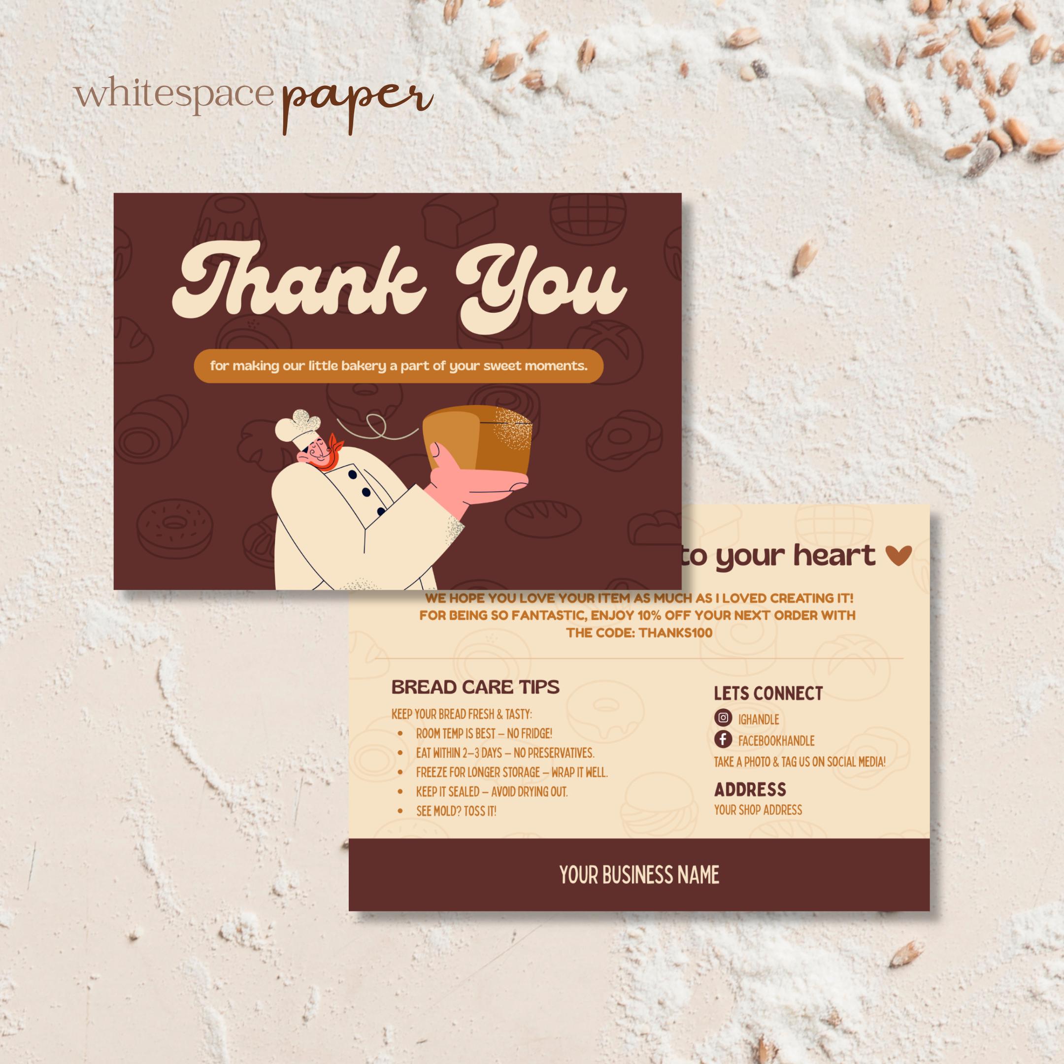 Bakery Shop Thank You Card Template, Bread Pastry Instructions Card ...