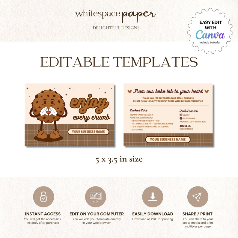 Cookie Care Card Editable Template, Groovy Retro Bakery Instructions ...