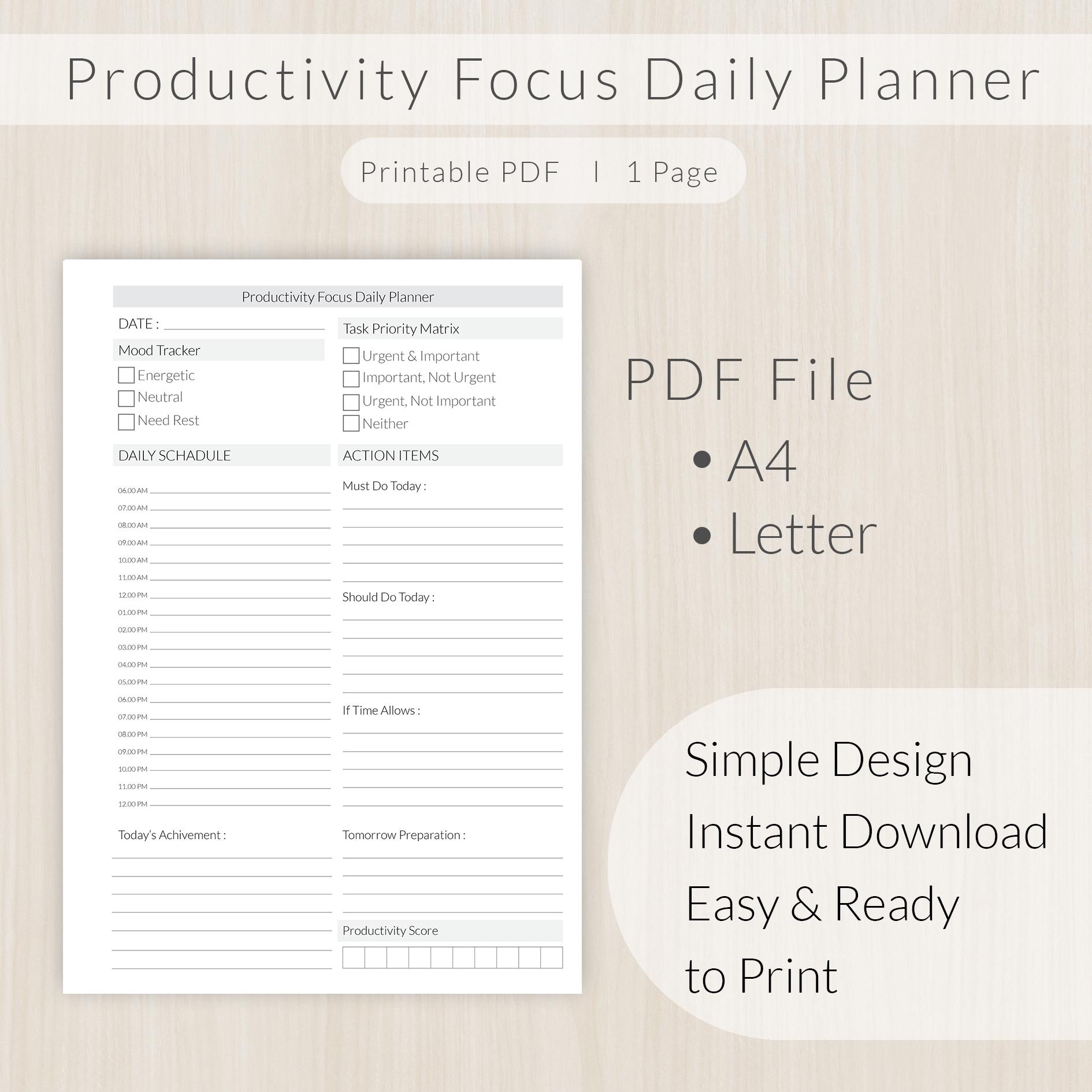 Productivity Focus Daily Planner: Minimalist Printable Schedule (PDF ...