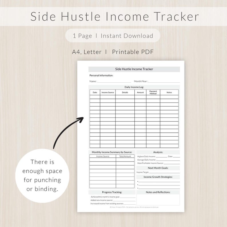 Side Hustle Income Tracker Printable - Daily Income Log, Digital Income ...