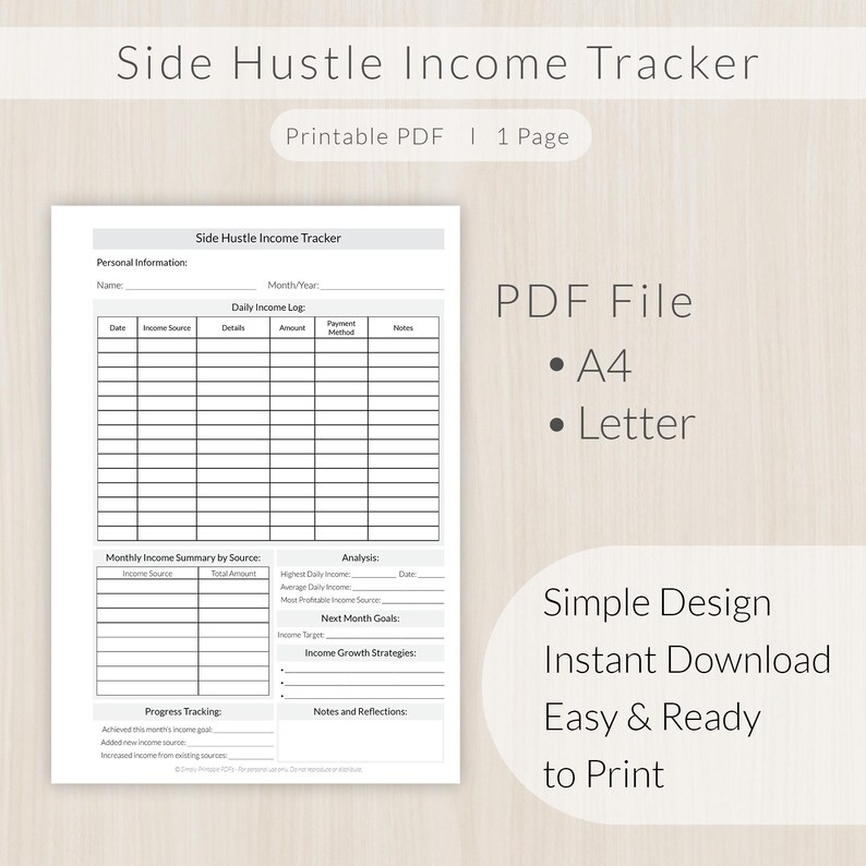 Side Hustle Income Tracker Printable - Daily Income Log, Digital Income ...