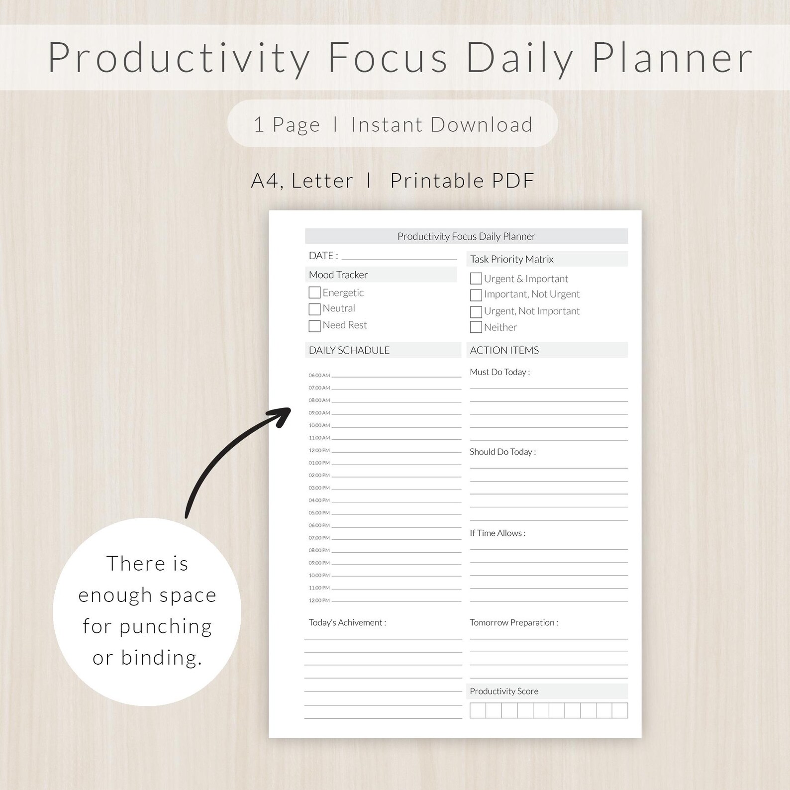 Productivity Focus Daily Planner: Minimalist Printable Schedule (PDF ...