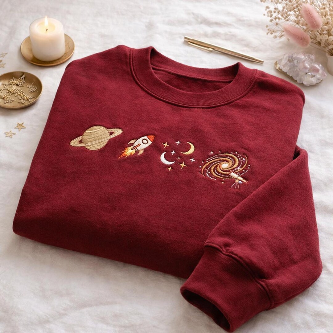 Celestial Embroidered Sweatshirt, Galaxy Moon Stars Crewneck, Cozy ...