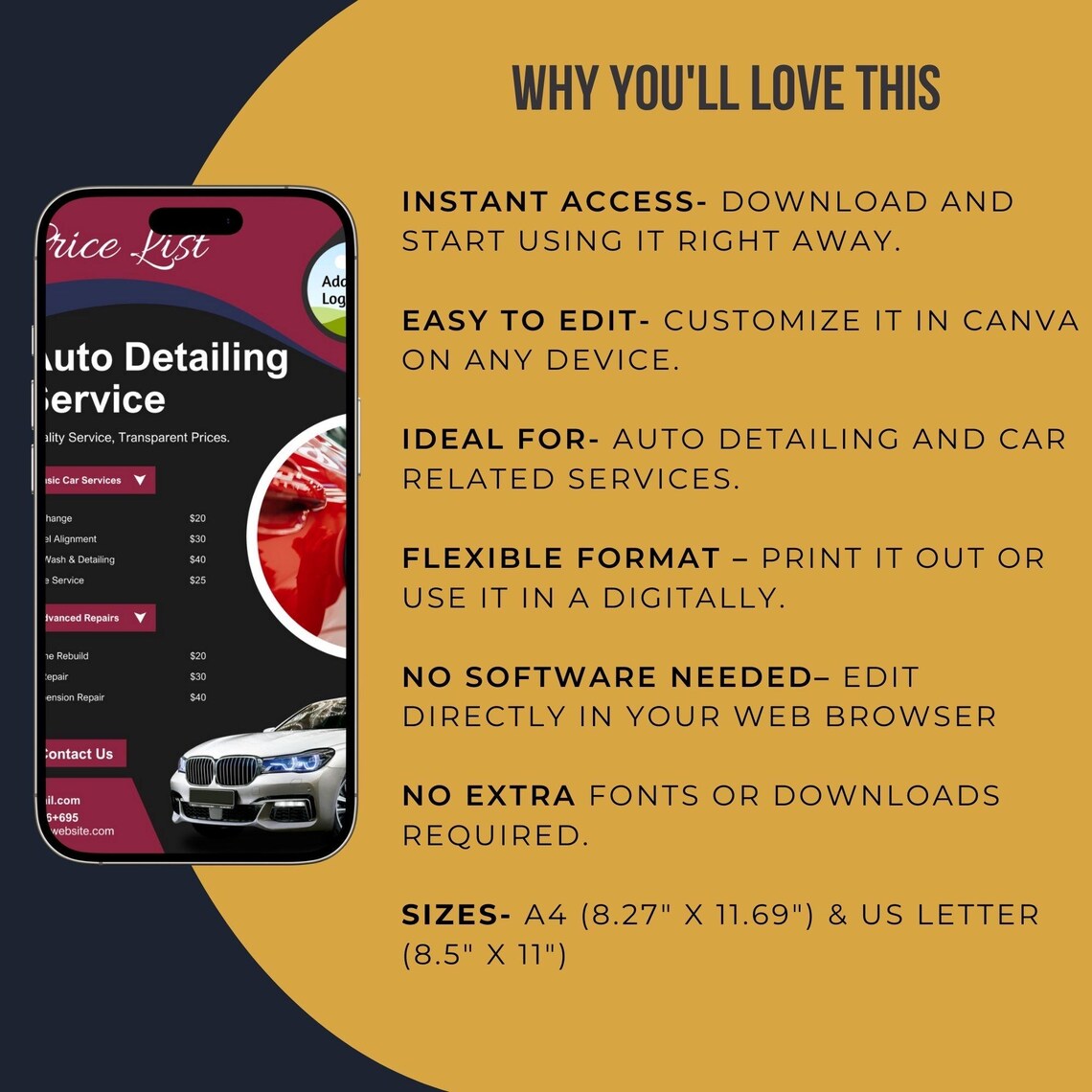 Price List, Auto Detailing, Car Service, Car Detailing, Canva Template ...
