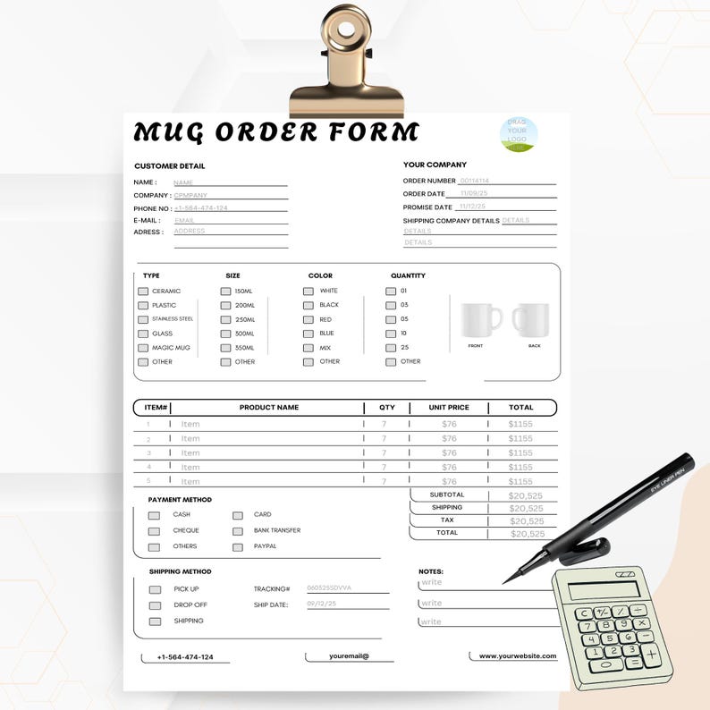 Mug Order Form, Order Form, Price List, Order Form Template, Coffee Cup ...