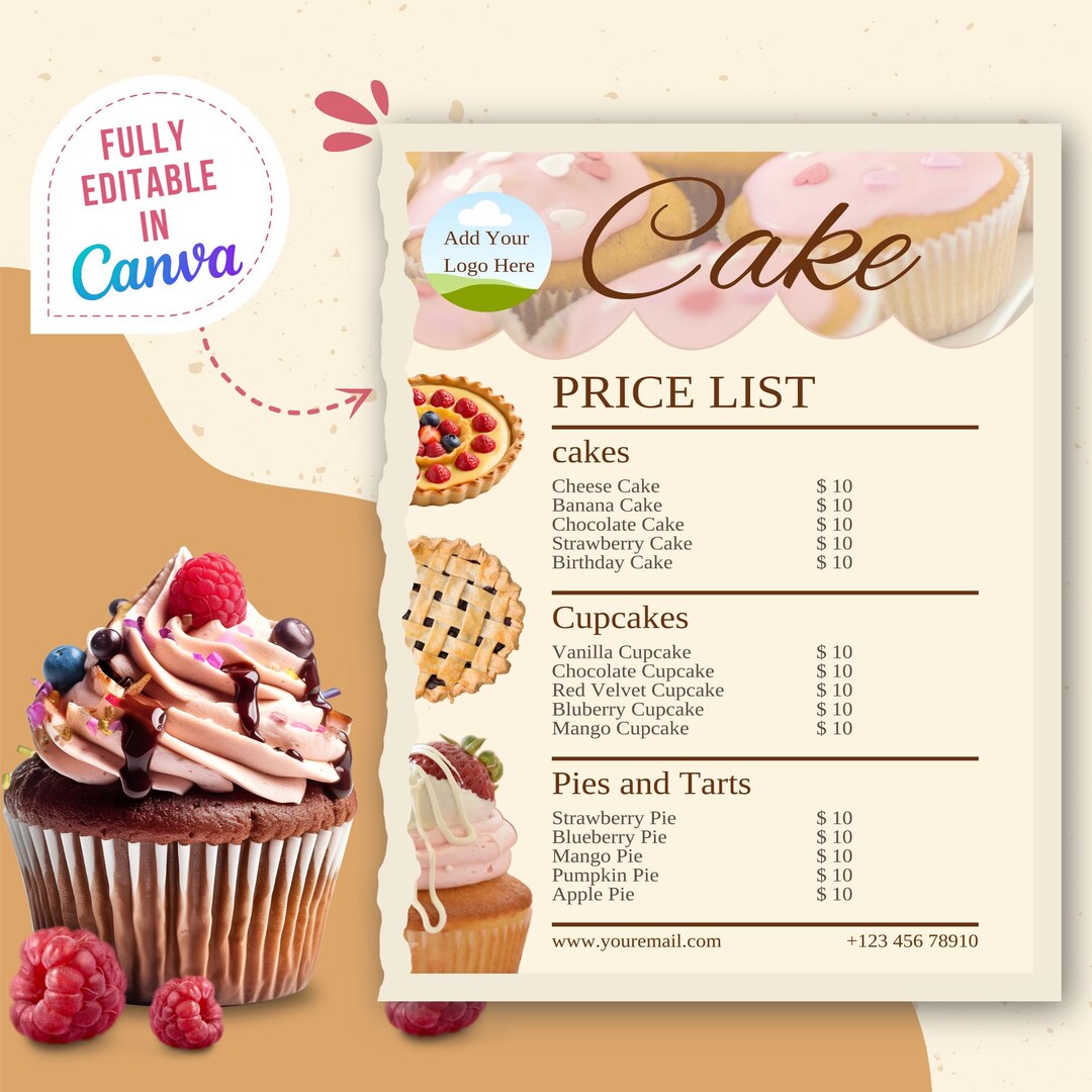 Cake Price List, Price List, Price List Template, Printable, Bakery ...