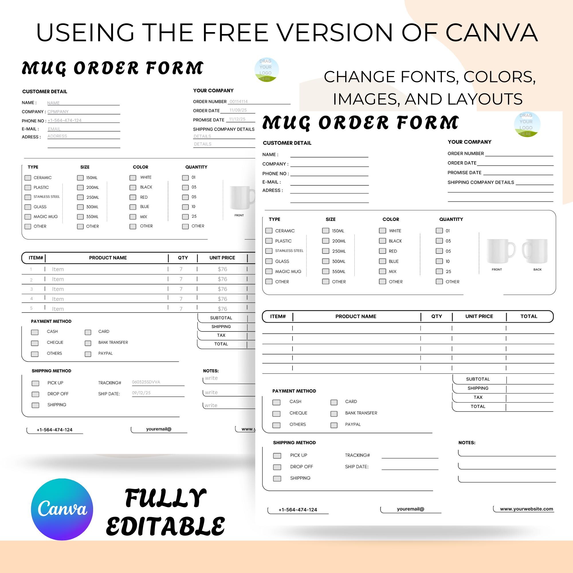 Mug Order Form, Order Form, Price List, Order Form Template, Coffee Cup ...