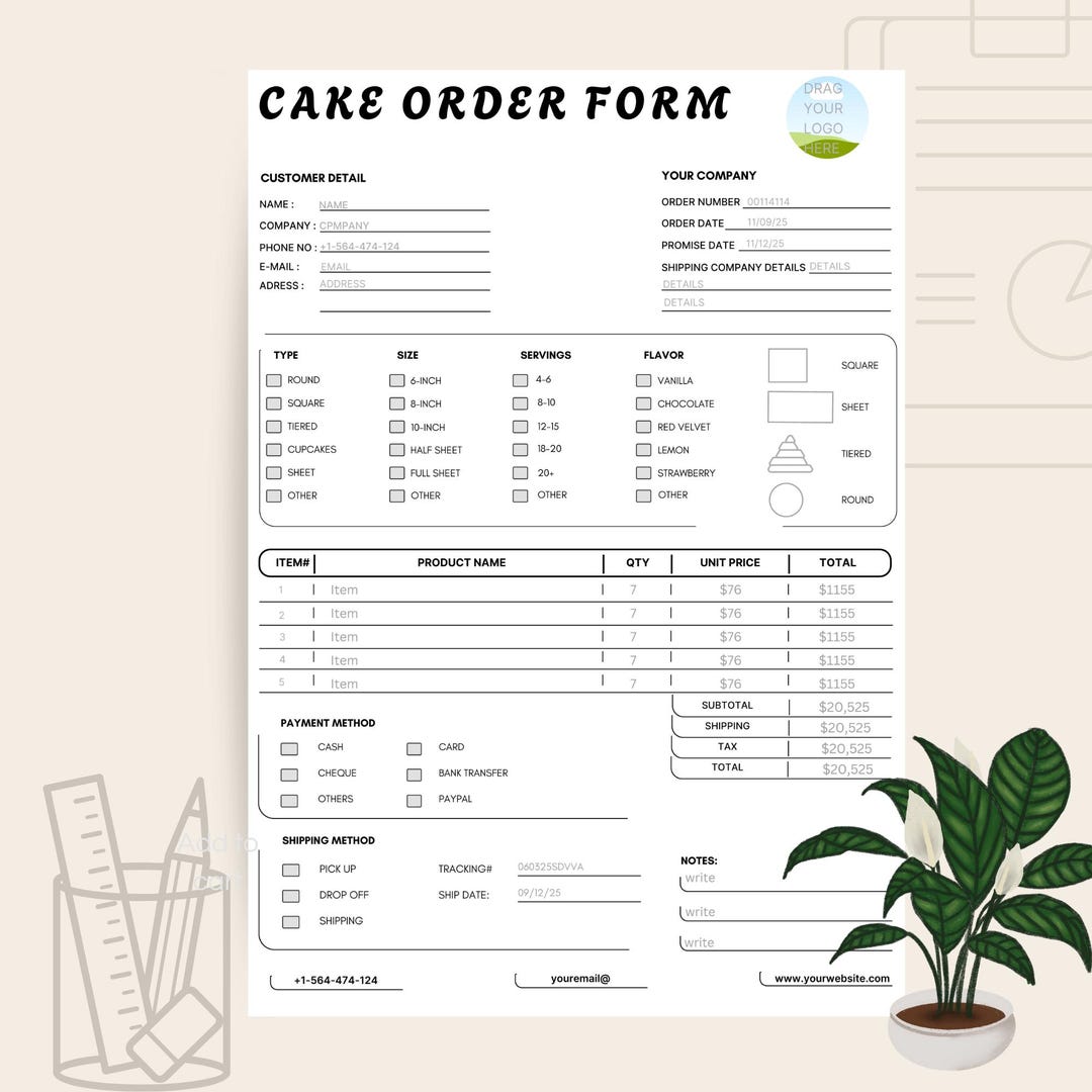 Cake Order Form, Editable Cake Order Form, Printable Order Form, Baking ...