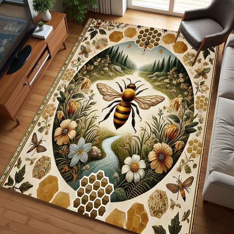Bee Rug With Honeycomb Border, Whimsical Rug for Bee Decor, Cottagecore ...