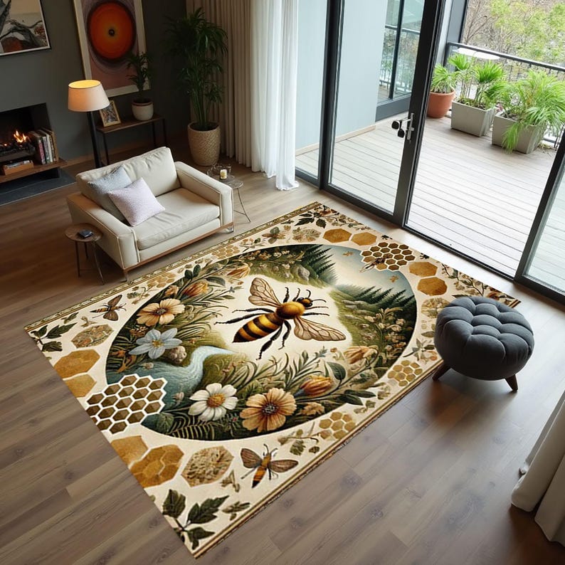 Bee Rug With Honeycomb Border, Whimsical Rug for Bee Decor, Cottagecore ...