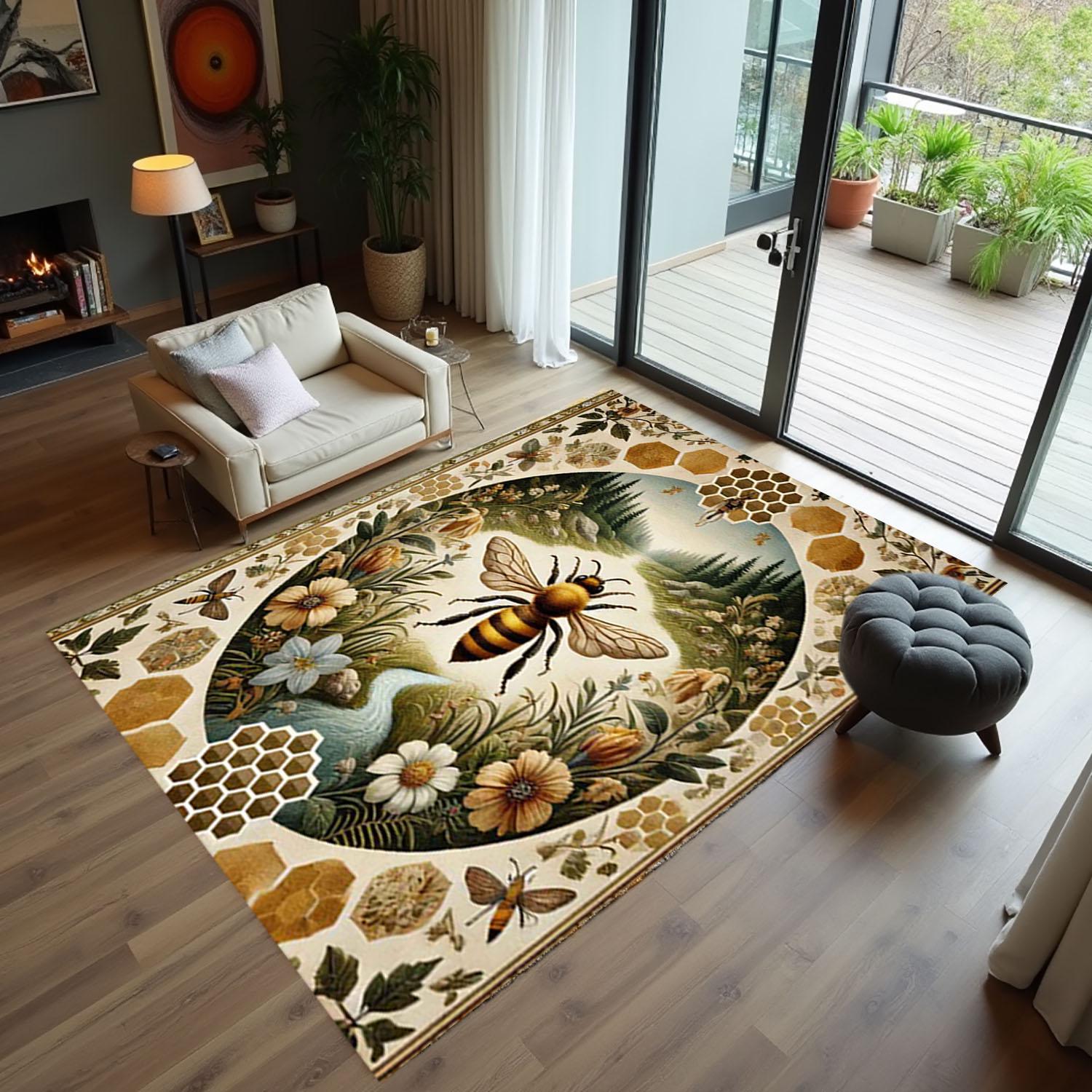 Bee Rug With Honeycomb Border, Whimsical Rug for Bee Decor, Cottagecore ...
