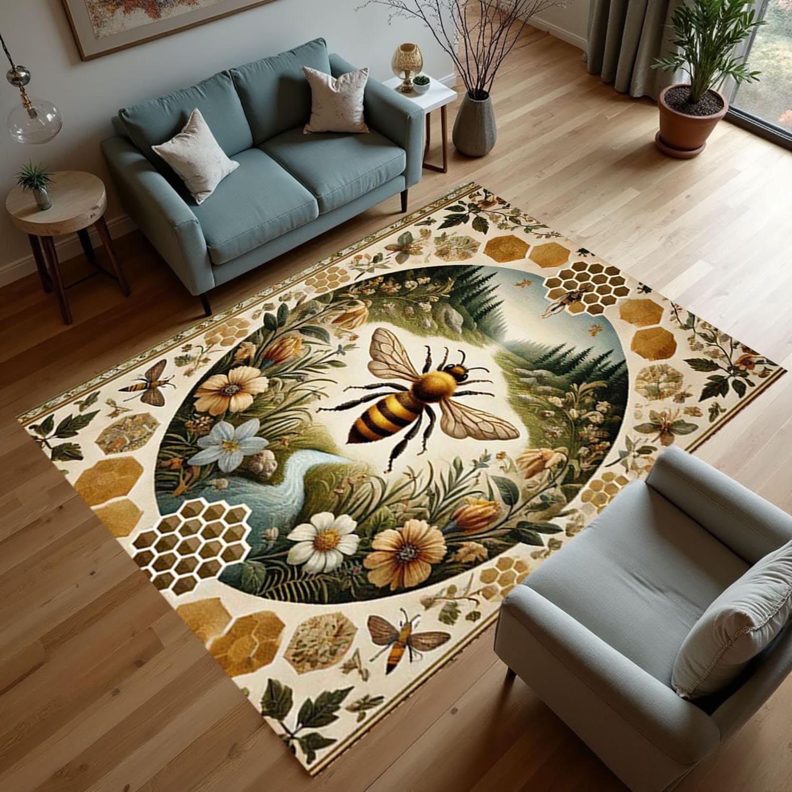 Bee Rug With Honeycomb Border, Whimsical Rug for Bee Decor, Cottagecore ...