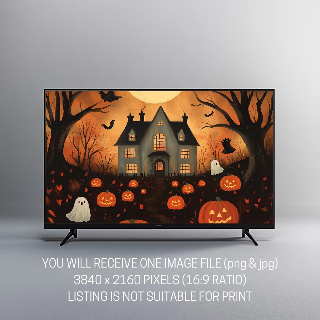 Halloween TV Frame Art – Digital Download | Haunted House, Pumpkins ...