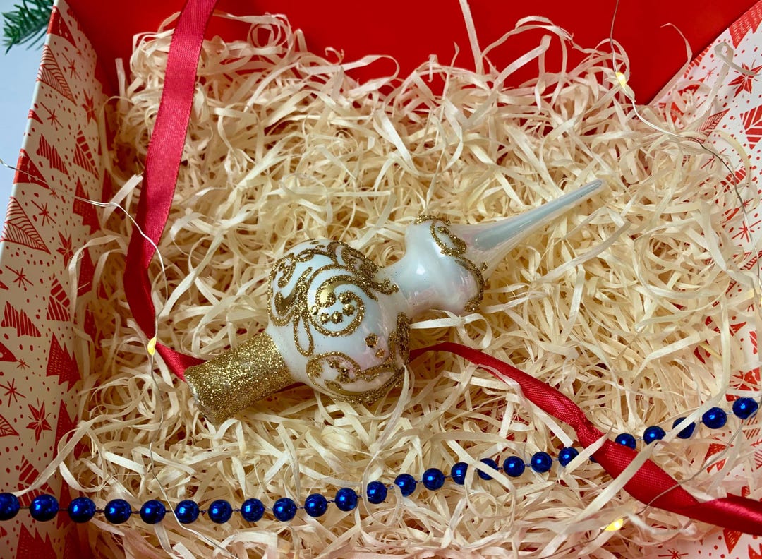 Elegant White and Gold Glass Tree Topper – Handmade Christmas Finial ...