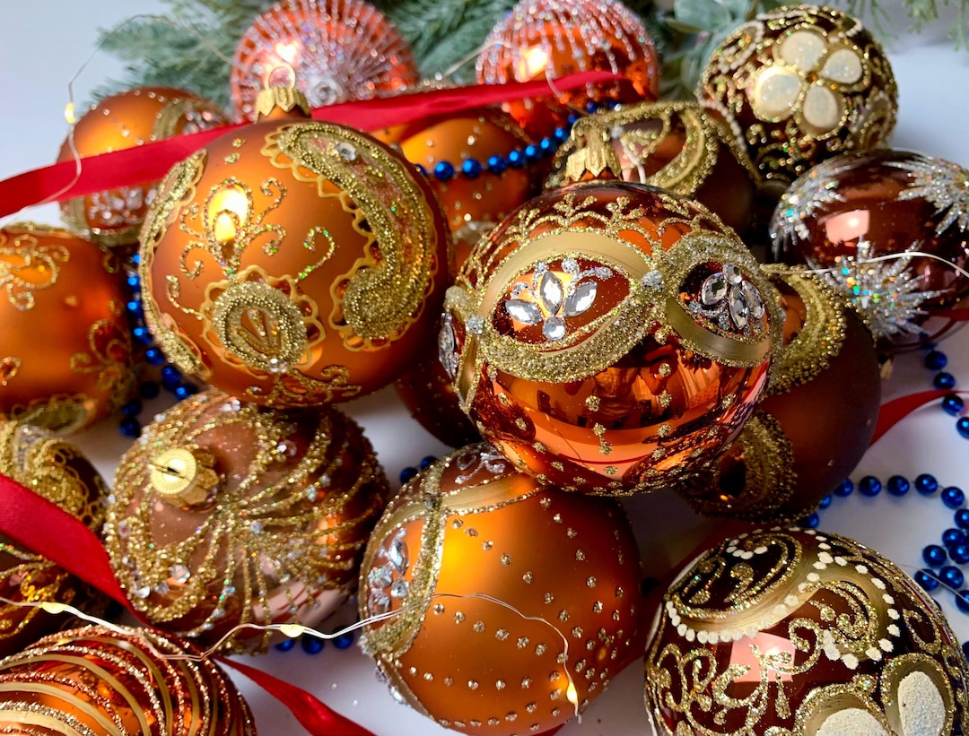 Handmade Glass Ornaments Set of 20 – Orange and Gold Christmas Baubles ...