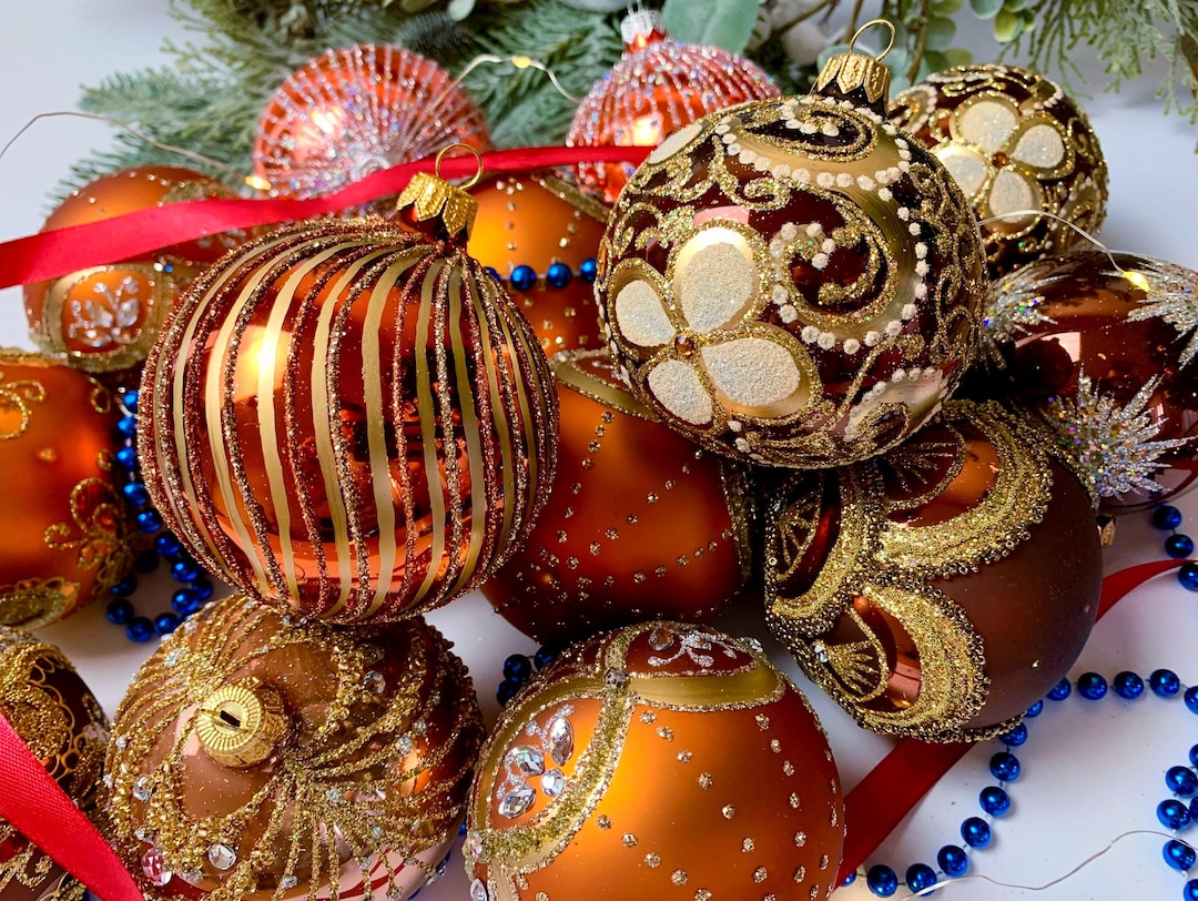 Luxury Orange and Gold Christmas Ornaments – Hand Decorated Glass ...