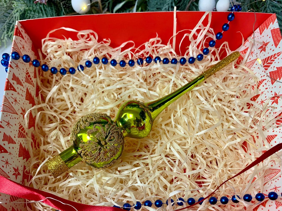 Handmade Green Tree Topper – Gold Patterned Glass Ornament – Blown ...