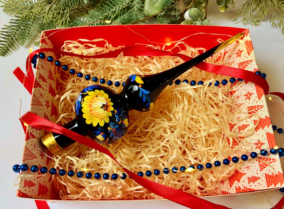 Ukrainian Tree Topper – Black Glass Finial – Petrykivka Hand Painted ...