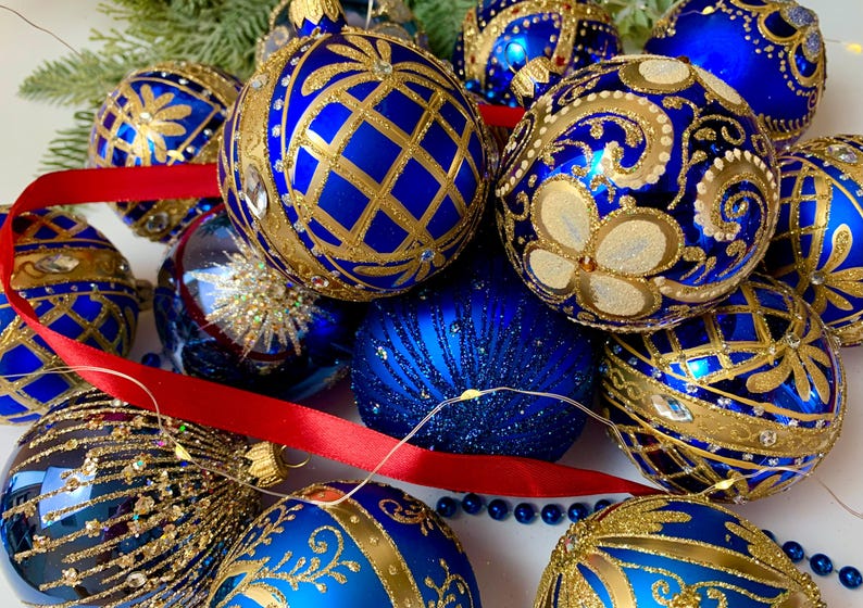 Blue and Gold Christmas Ornaments Set of 10 – Handmade Glass Baubles ...
