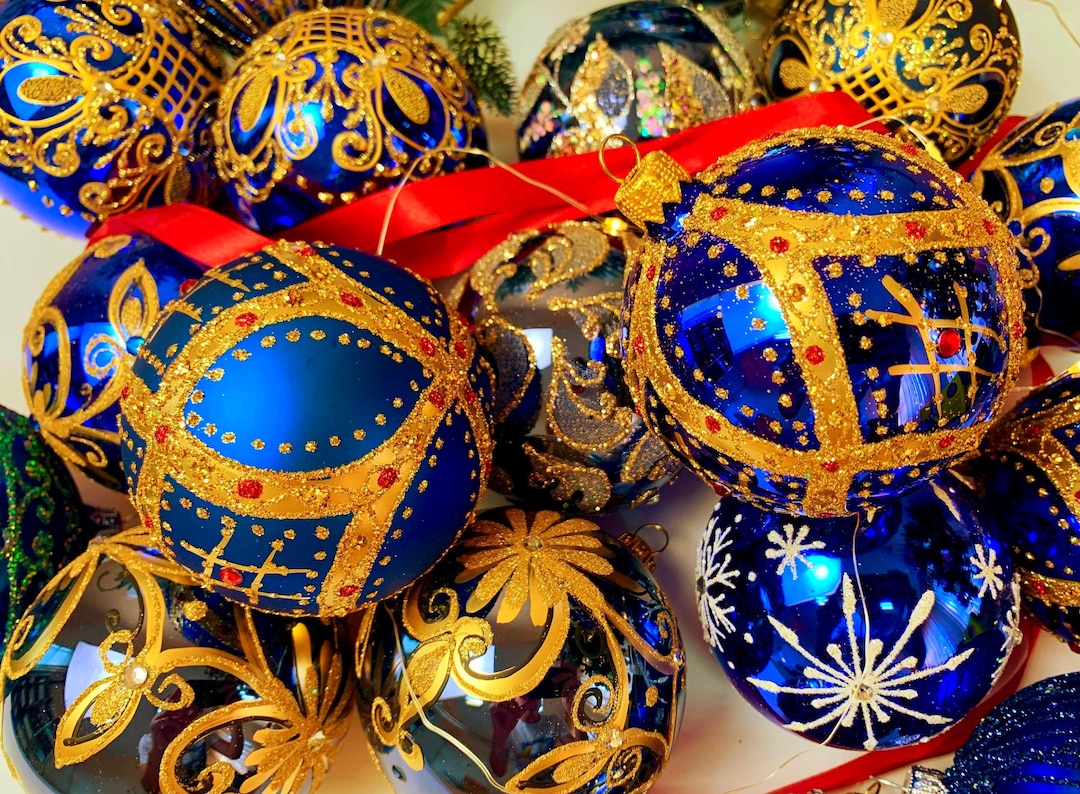 Royal Blue and Gold Ornament Set of 20 – Handmade Glass Christmas Balls ...
