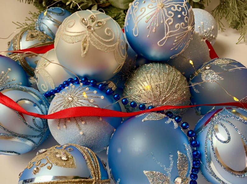 Handmade Glass Christmas Ornaments – Blue and Silver Set of 10 ...