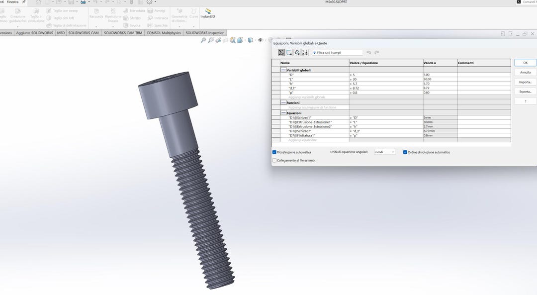 Parametric M5 Screw - Solidworks 3D Model - Customizable Length, Pitch ...