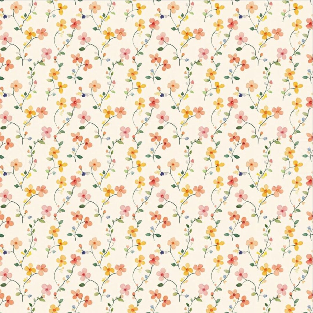 Spring Wildflower Cotton Fabric, Watercolor Floral Vine Print, Pure ...