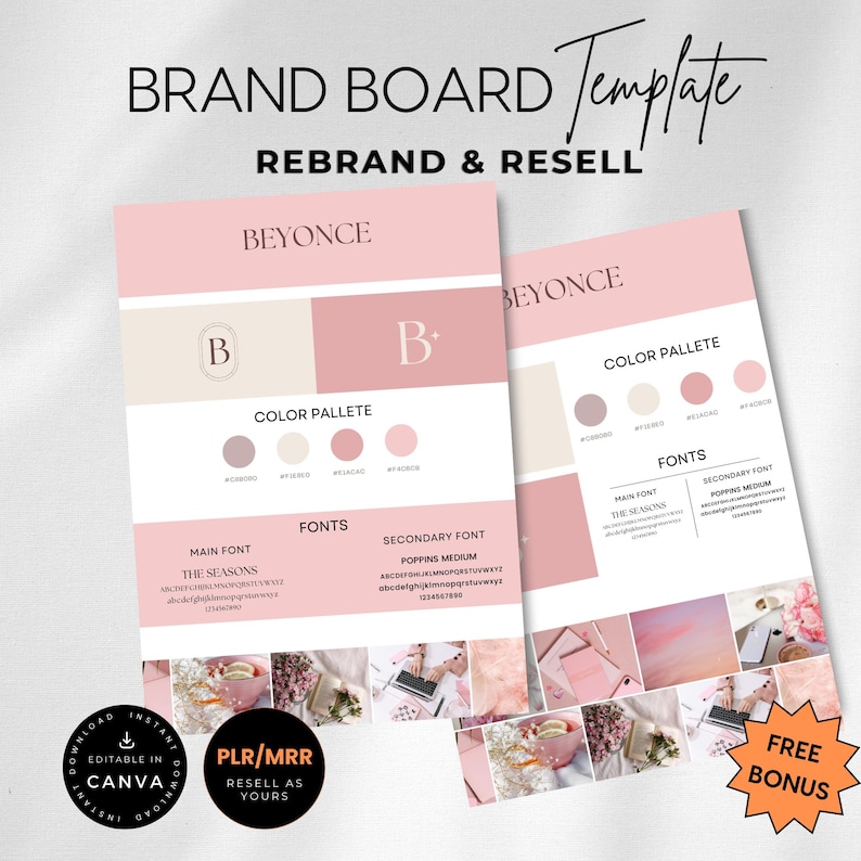 PLR MMR Brand Board Template, Pink Brand Kit Template, Editable Brand ...