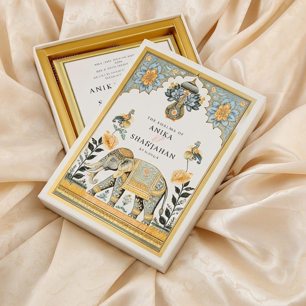 Royal Elephant Wedding Invitation Box: Mughal Art, Gold Frame, Indian ...