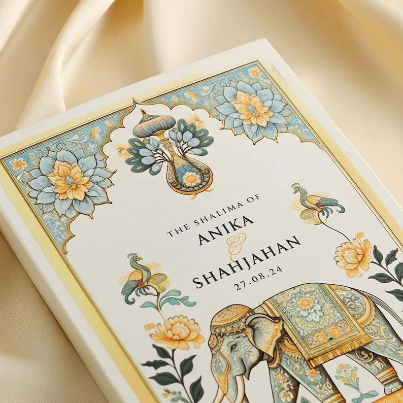 Royal Elephant Wedding Invitation Box: Mughal Art, Gold Frame, Indian ...