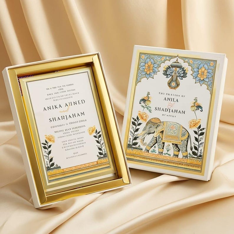 Royal Elephant Wedding Invitation Box: Mughal Art, Gold Frame, Indian ...