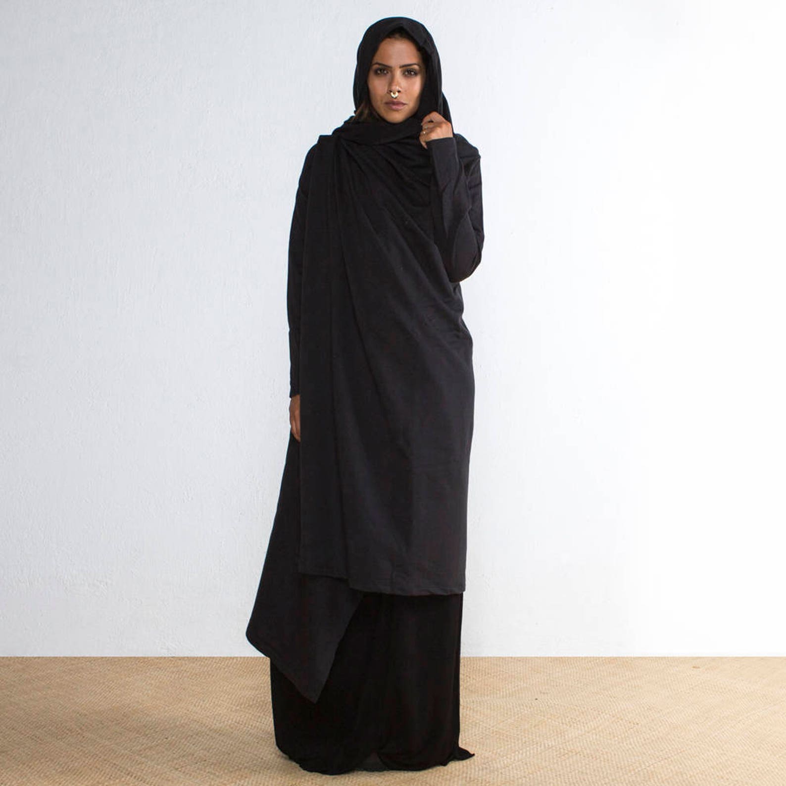 Organic Cotton Black Wrap Cloak Women's Draped Hooded | Etsy