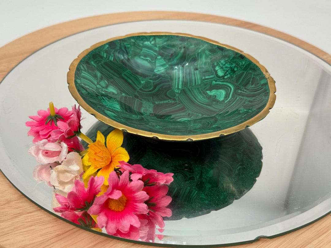 Vintage Malachite Trinket Dish Natural Green Gemstone With Brass Bowl ...