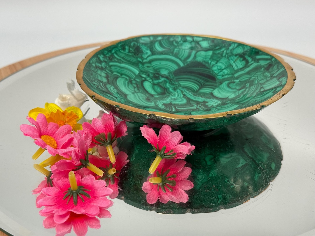 Vintage Malachite Trinket Dish Natural Green Gemstone With Brass Bowl ...