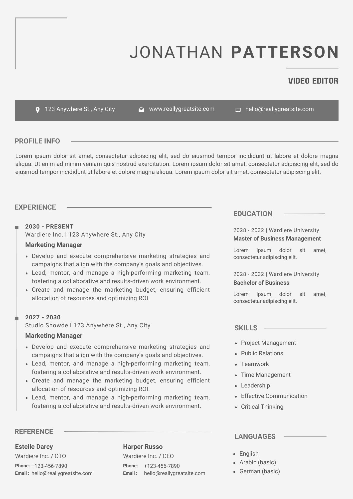 Professional Video Editor Resume Template | Modern & Editable CV ...