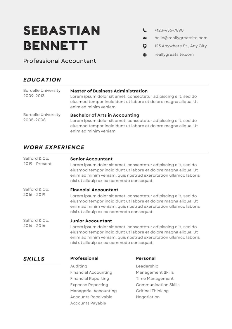 Modern Professional Accountant Resume Template | Editable CV for ...