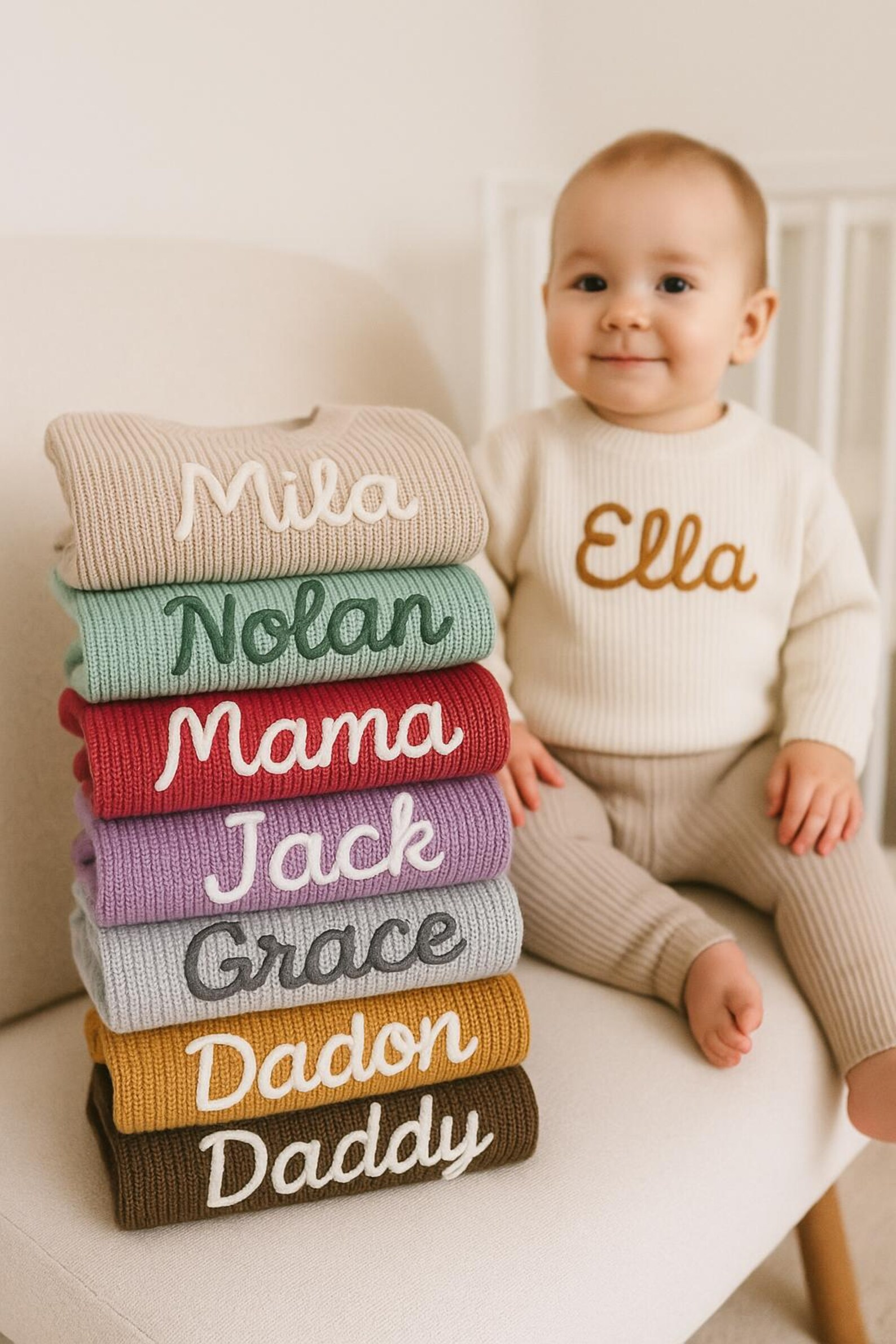 Personalized Baby Name Sweater, Custom Hand Embroidered Knitted Sweater ...