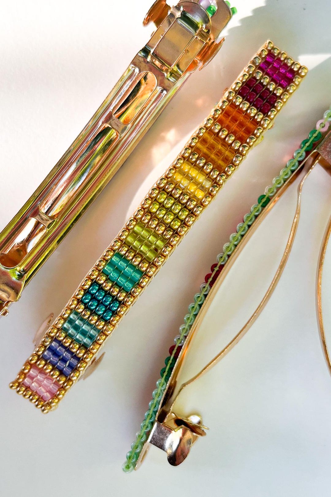 Rainbow Glass Bead Barrette – Gold Beaded Hair Clip – Updo Hair ...