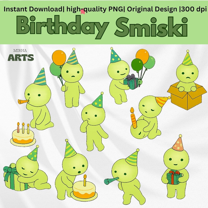 Birthday Smiski Style PNG Bundle | 16 Green Characters | 300 DPI ...
