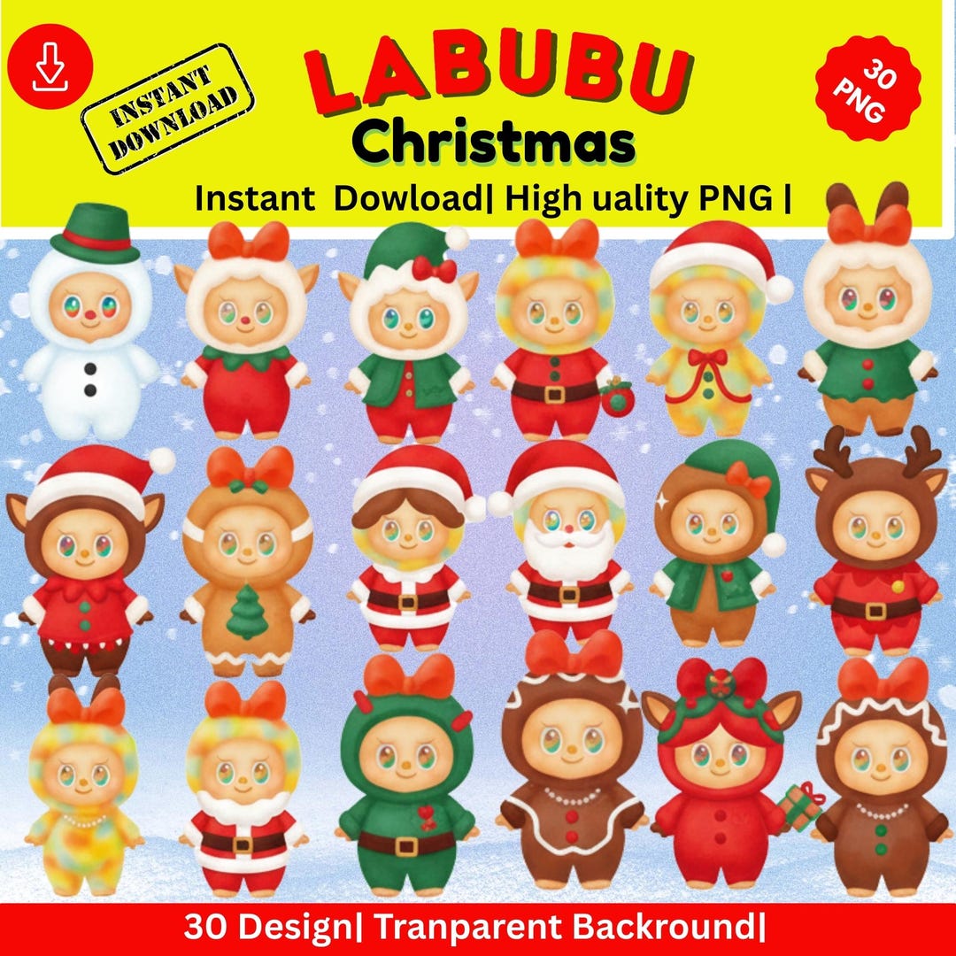 Labubu Christmas Clipart PNG Bundle, Kawaii Holiday Stickers (digital ...