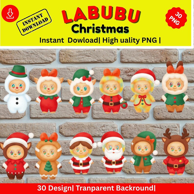 Labubu Christmas Clipart PNG Bundle, Kawaii Holiday Stickers (digital ...