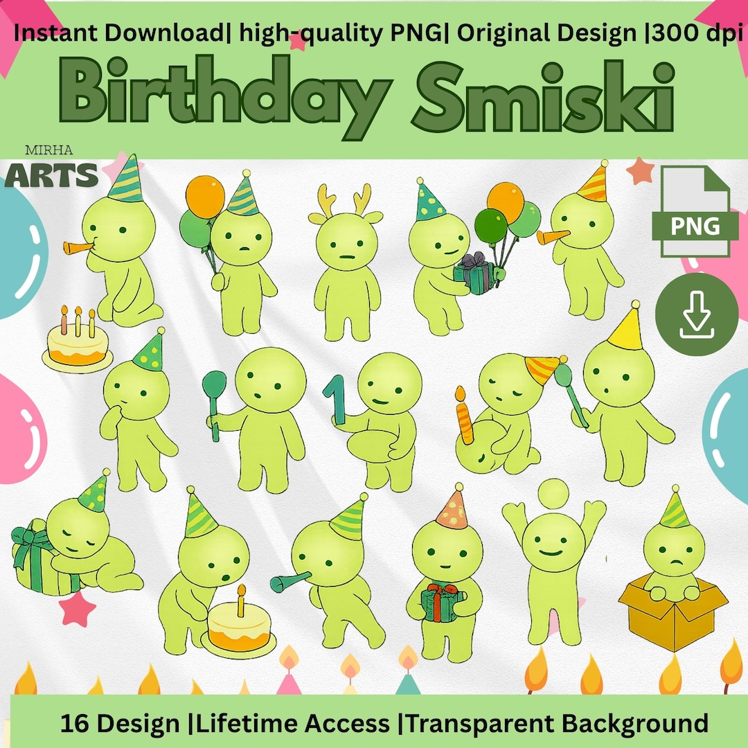 Birthday Smiski Style PNG Bundle | 16 Green Characters | 300 DPI ...