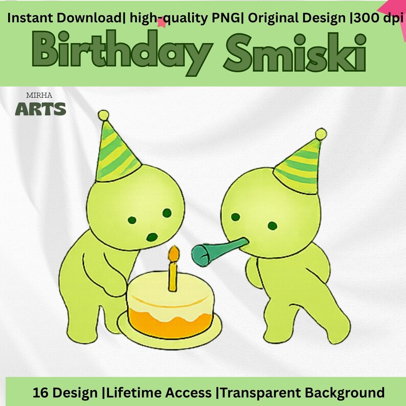 Birthday Smiski Style PNG Bundle | 16 Green Characters | 300 DPI ...