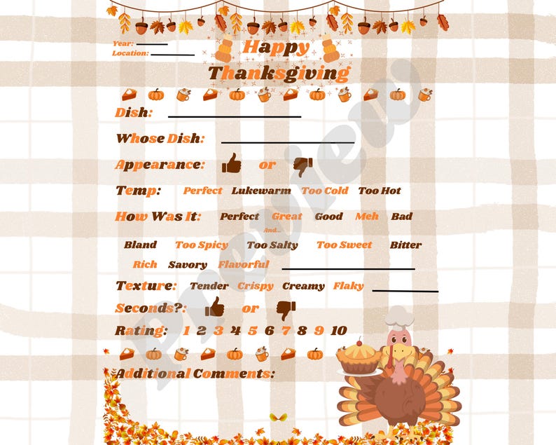 Thanksgiving Dinner Comment Cards ~ Friendsgiving Food Review (8x11in ...