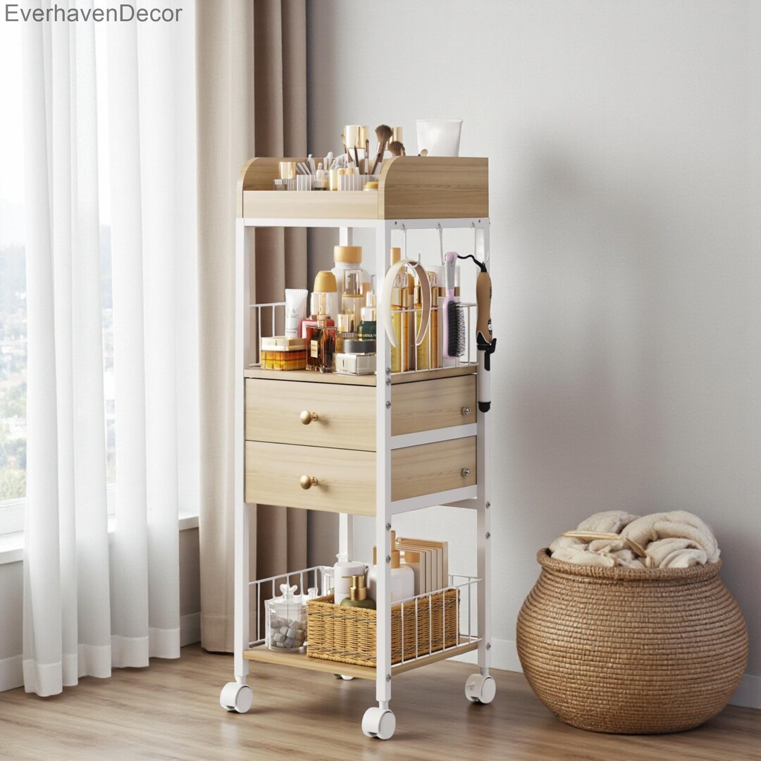 Handmade Makeup Organizer Cart Lockable Wheels – 2 Drawers, 8 Dividers ...