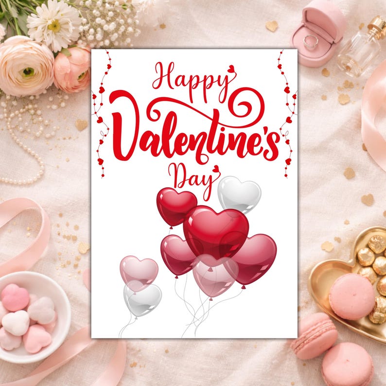 Heart Balloon Valentine's Day Card, Romantic Printable (digital ...
