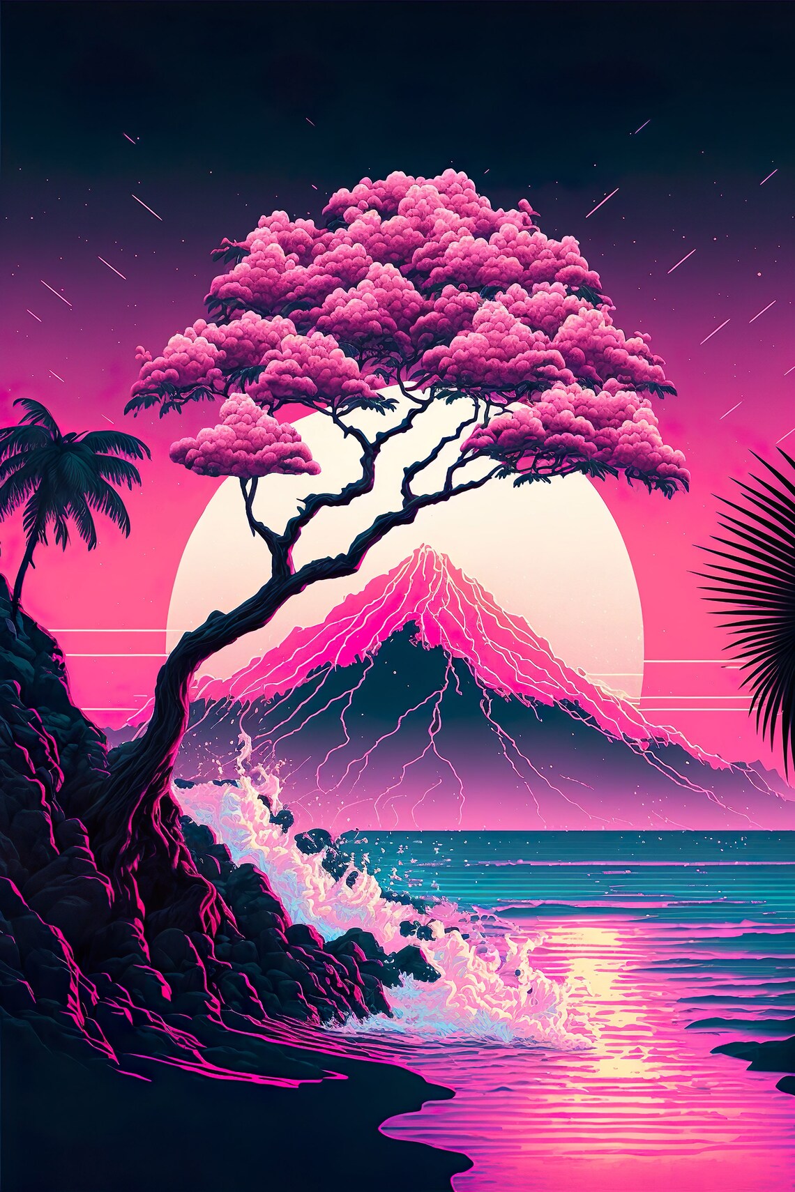 Cyberpunk Synthwave Vaporwave Beach Sunset in Pink and Blue Digital ...