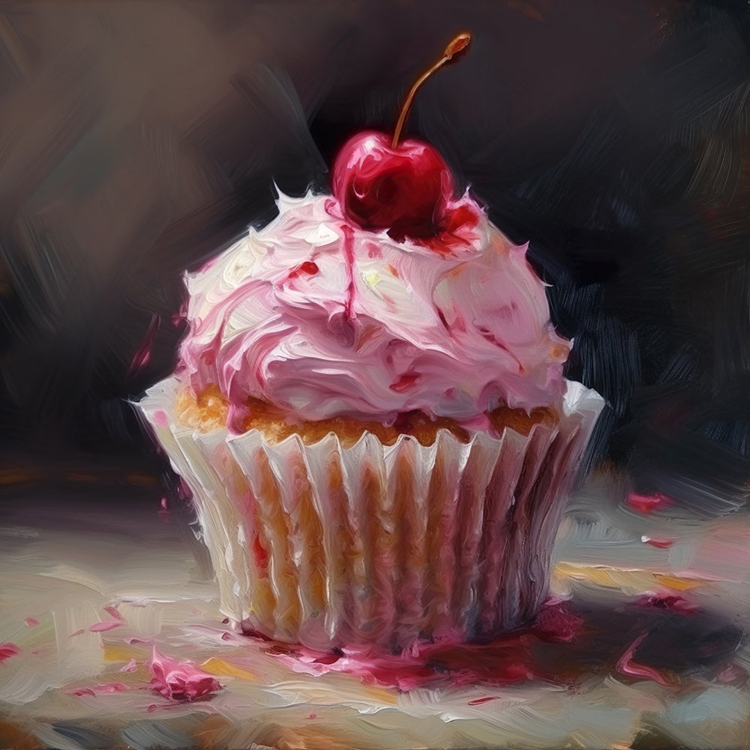 Pink Cupcake Impressionistic Still Life Oil Painting Digital Download ...