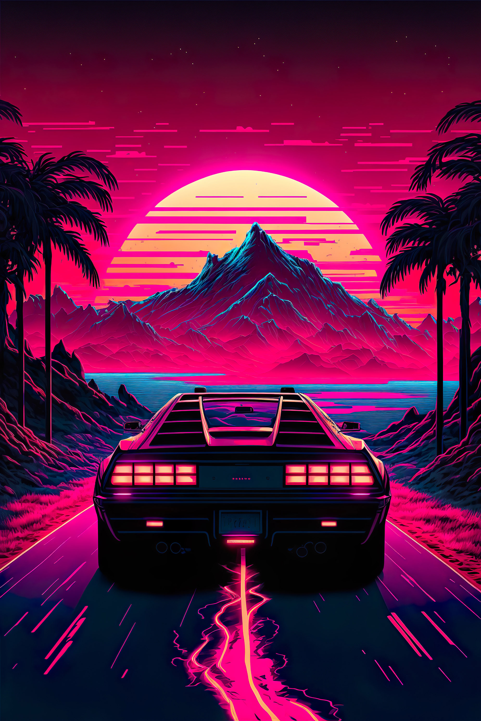 Cyberpunk Synthwave Vaporwave Car Sunset in Pink and Blue Digital ...