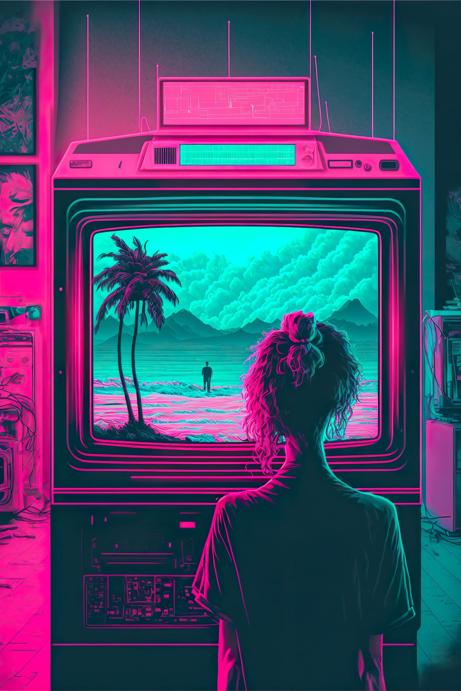 Cyberpunk Synthwave Vaporwave Girl Watching TV in Pink and Blue Digital ...